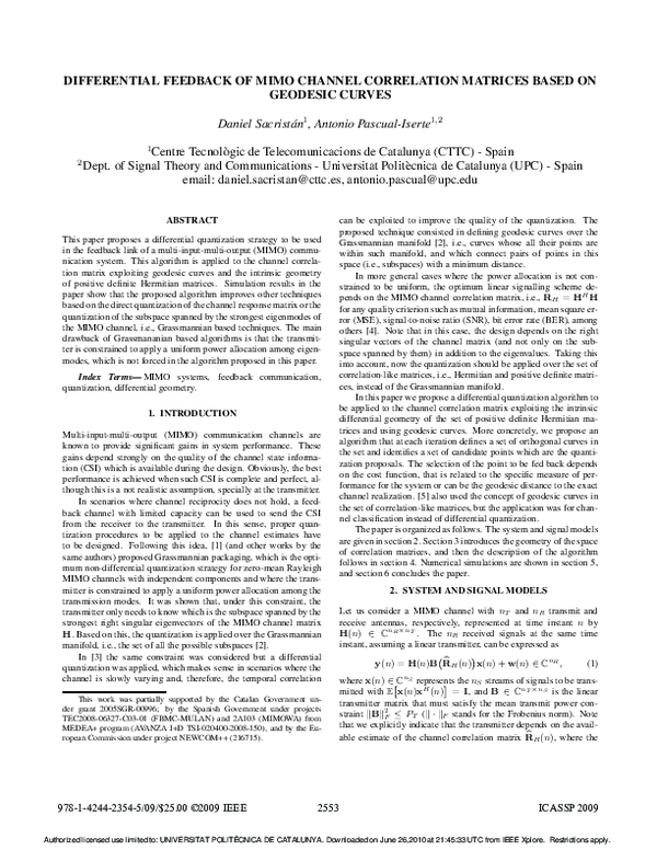 (PDF) Differential Feedback of Mimo Channel Correlation Matrices Based on Geodesic Curves