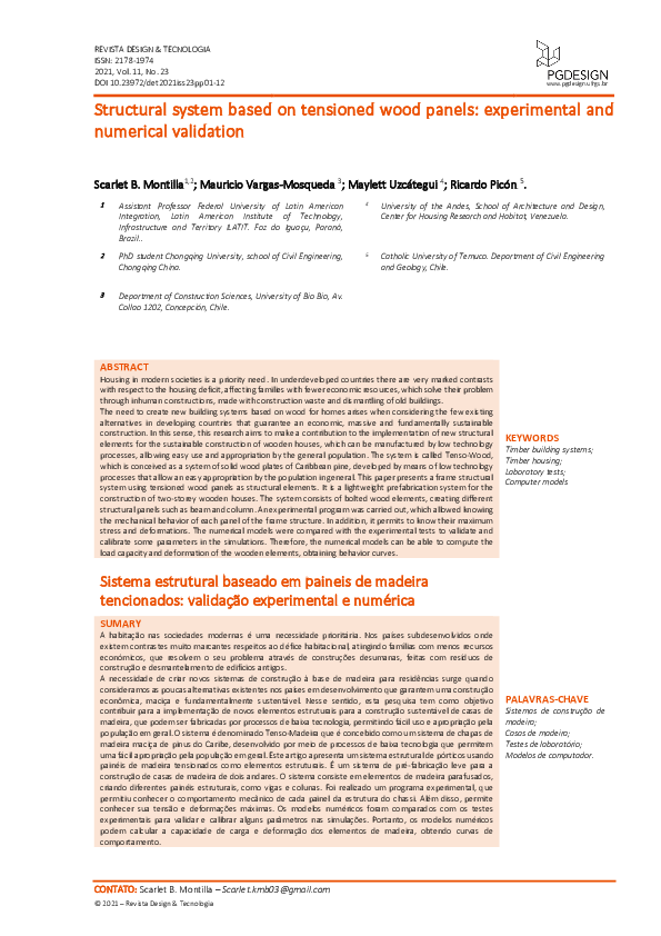 Pdf Structural System Based On Tensioned Wood Panels Experimental And Numerical Validation