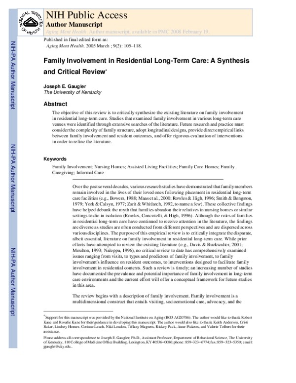 (PDF) Family involvement in residential long-term care: A synthesis and ...