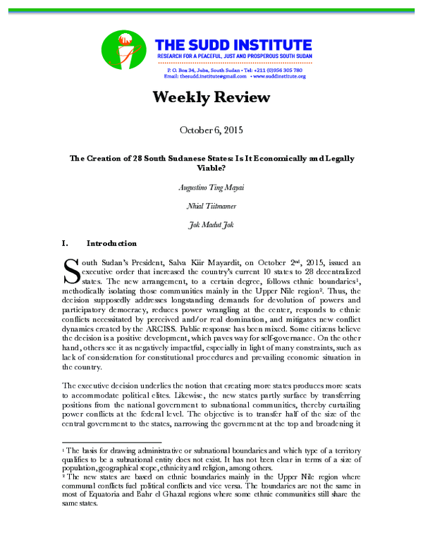 (PDF) The Creation of 28 South Sudanese States: Is It Economically and ...