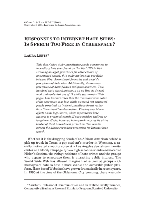 (PDF) Responses to Internet Hate Sites: Is Speech Too Free in Cyberspace?