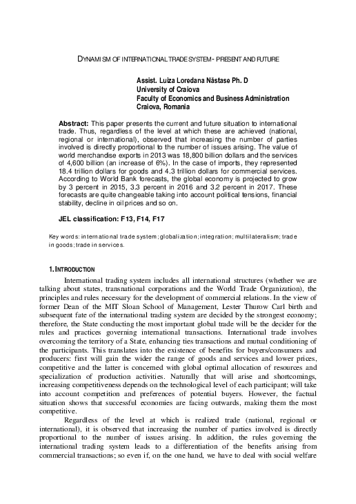 (PDF) Dynamism of International Trade System- Present and Future