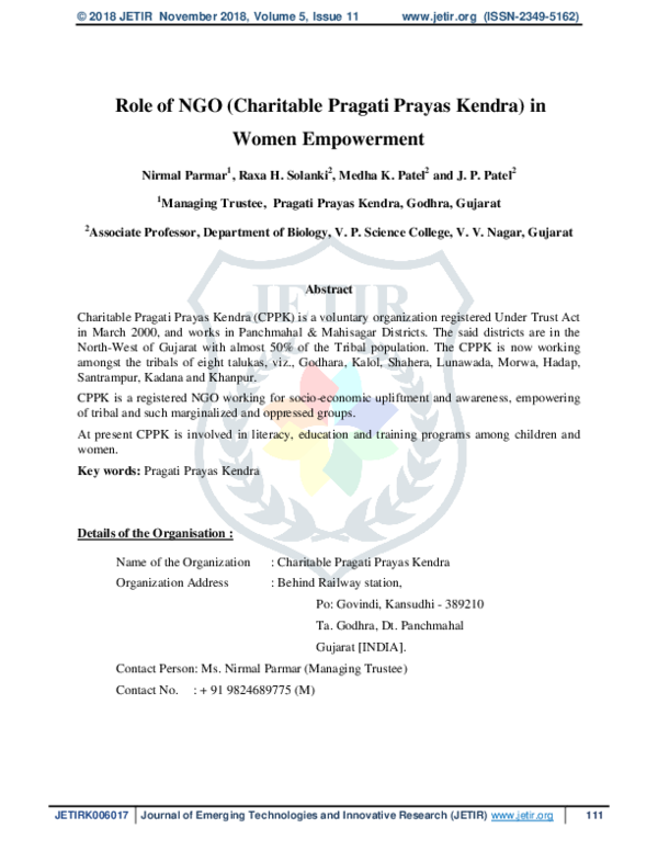 (PDF) Role of NGO (Charitable Pragati Prayas Kendra) in Women Empowerment