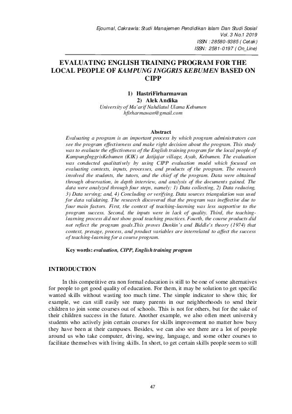 (PDF) Evaluating English Training Program for the Local People of Kampung NG Inggris Kebumen ...
