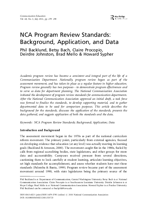 (PDF) NCA Program Review Standards: Background, Application, and Data
