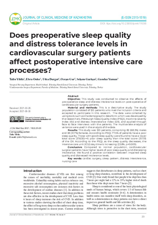 (PDF) Does preoperative sleep quality and distress tolerance levels in ...