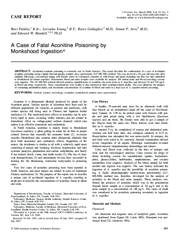 (PDF) A Case of Fatal Aconitine Poisoning by Monkshood Ingestion