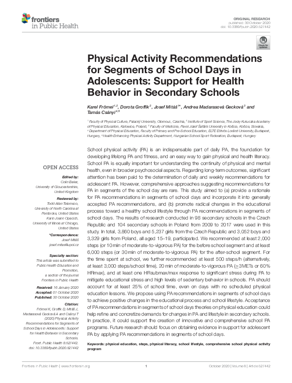 (PDF) Physical Activity Recommendations for Segments of School Days in ...