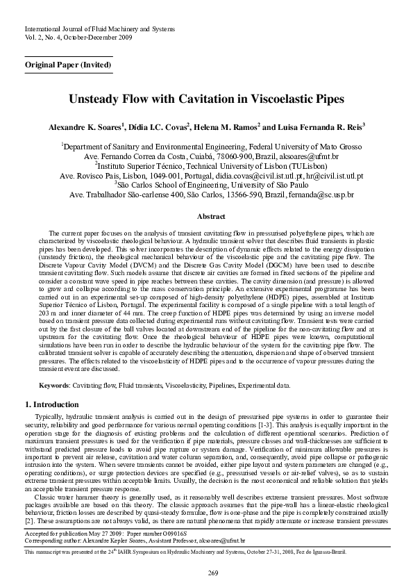 (PDF) Unsteady Flow with Cavitation in Viscoelastic Pipes