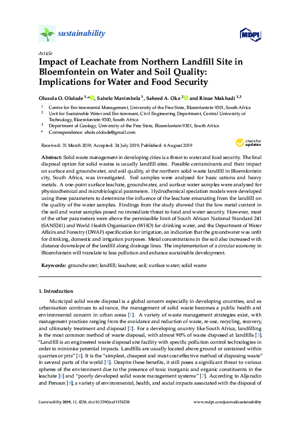 (PDF) Impact of Leachate from Northern Landfill Site in Bloemfontein on ...