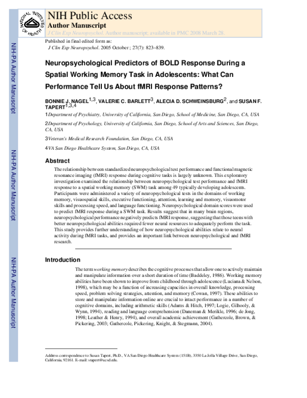 (PDF) Neuropsychological Predictors of BOLD Response During a Spatial Working Memory Task in ...