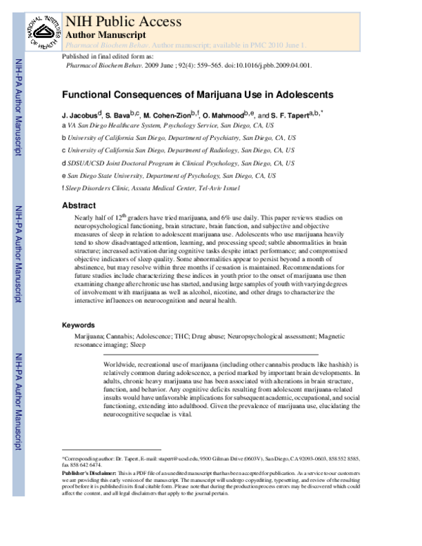 (PDF) Functional consequences of marijuana use in adolescents