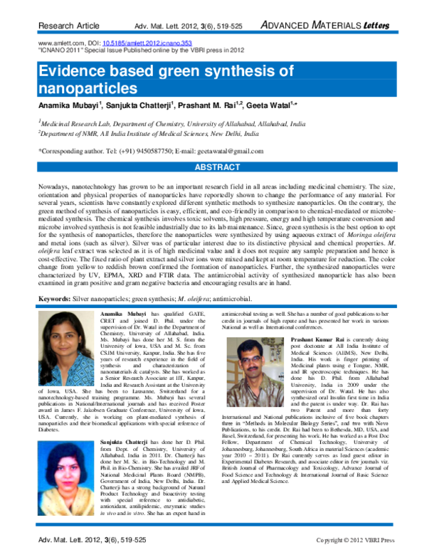 (PDF) Evidence Based Green Synthesis Of Nanoparticles