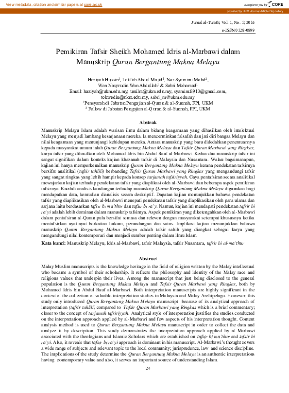 (PDF) Pemikiran Tafsir Sheikh Mohamed Idris al-Marbawi dalam Manuskrip ...