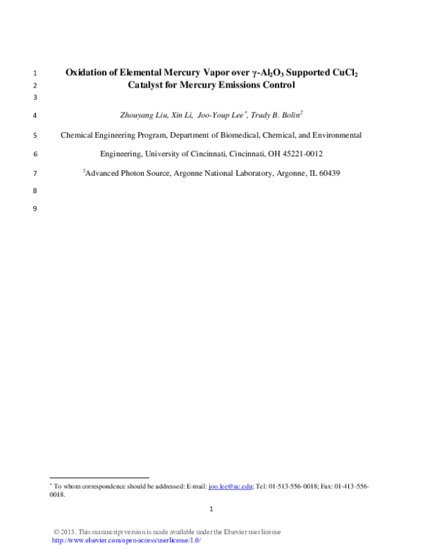 (PDF) Oxidation of elemental mercury vapor over γ-Al2O3 supported CuCl2 ...