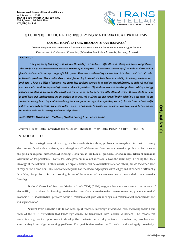 PDF Students Difficulties In Solving Mathematical Problems Samsul PDF Students Difficulties In Solving Mathematical Problems Samsul