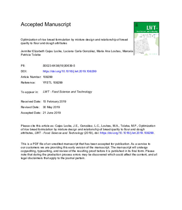 (PDF) Optimization of rice bread formulation by mixture design and ...