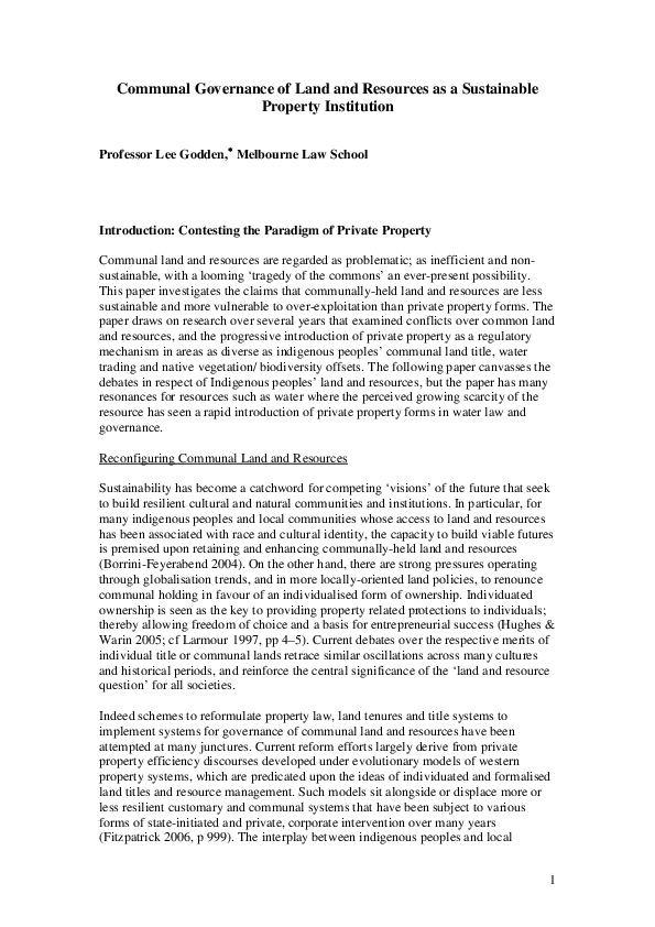(PDF) Communal Governance Of Land And Resources As A Sustainable ...