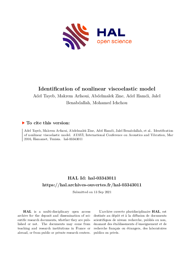 Pdf Identification Of Nonlinear Viscoelastic Model Makrem Arfaoui