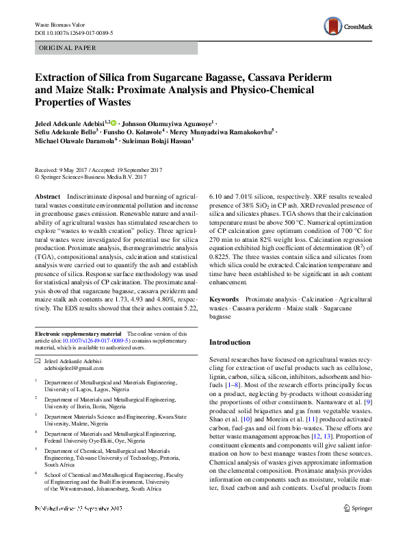 (PDF) Extraction of Silica from Sugarcane Bagasse, Cassava Periderm and Maize Stalk: Proximate ...