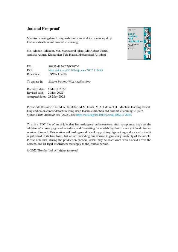 (PDF) Machine learning-based lung and colon cancer detection using deep ...