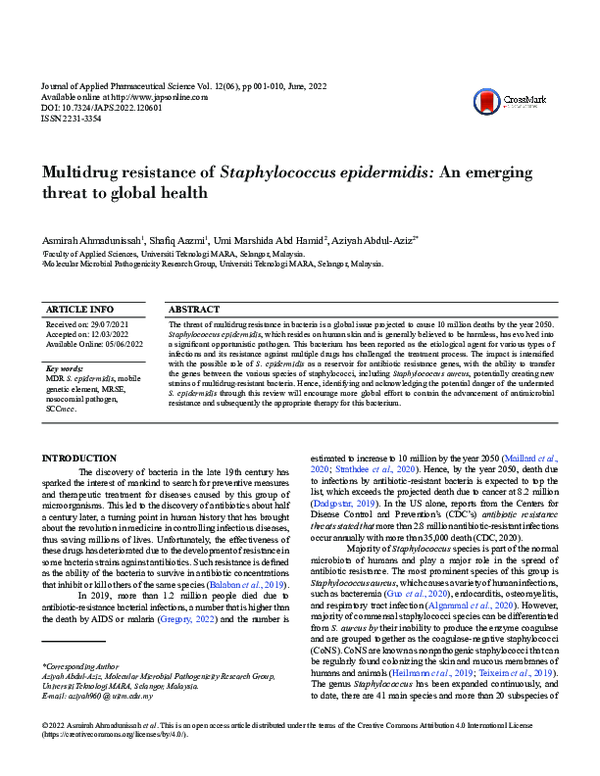 (PDF) Multidrug resistance of Staphylococcus epidermidis: An emerging threat to global health
