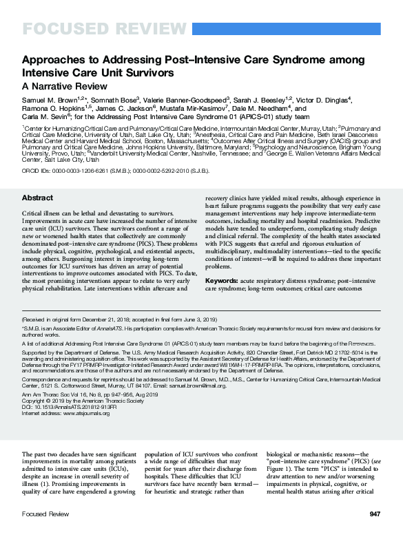 (PDF) Approaches to Addressing Post–Intensive Care Syndrome among Intensive Care Unit Survivors ...