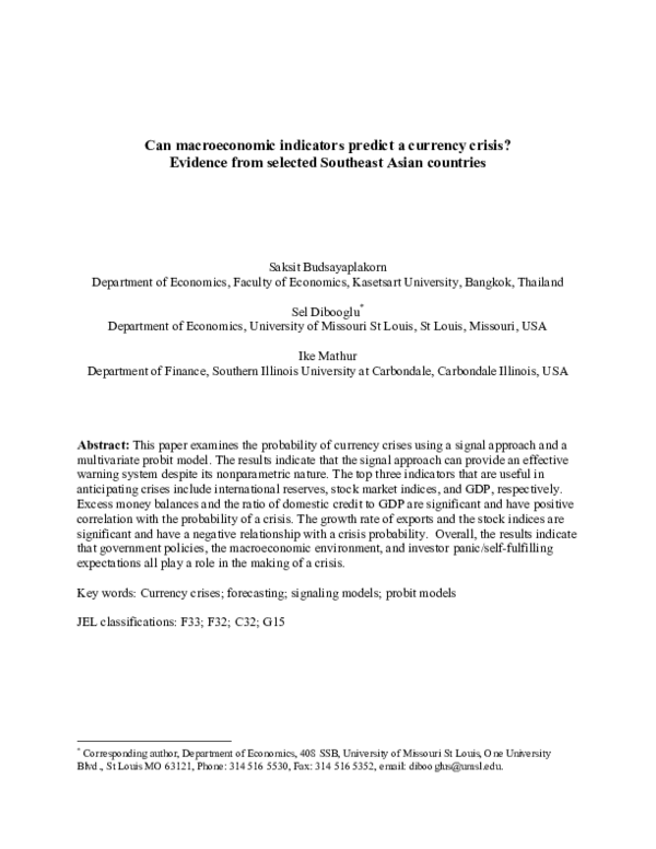 (PDF) Can Macroeconomic Indicators Predict a Currency Crisis? Evidence from Selected Southeast ...