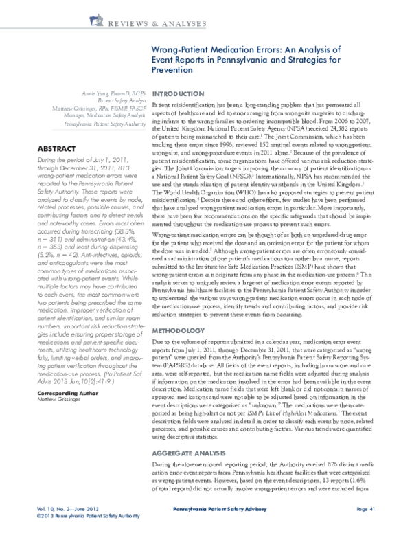 (PDF) Wrong-Patient Medication Errors : An Analysis of Event Reports in Pennsylvania and ...