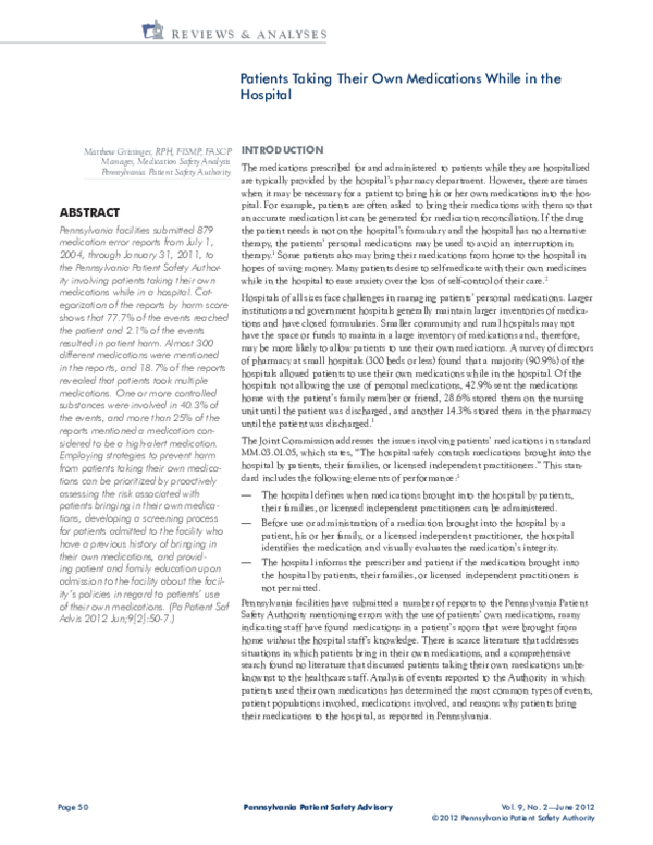 (PDF) Patients Taking Their Own Medications While in the Hospital