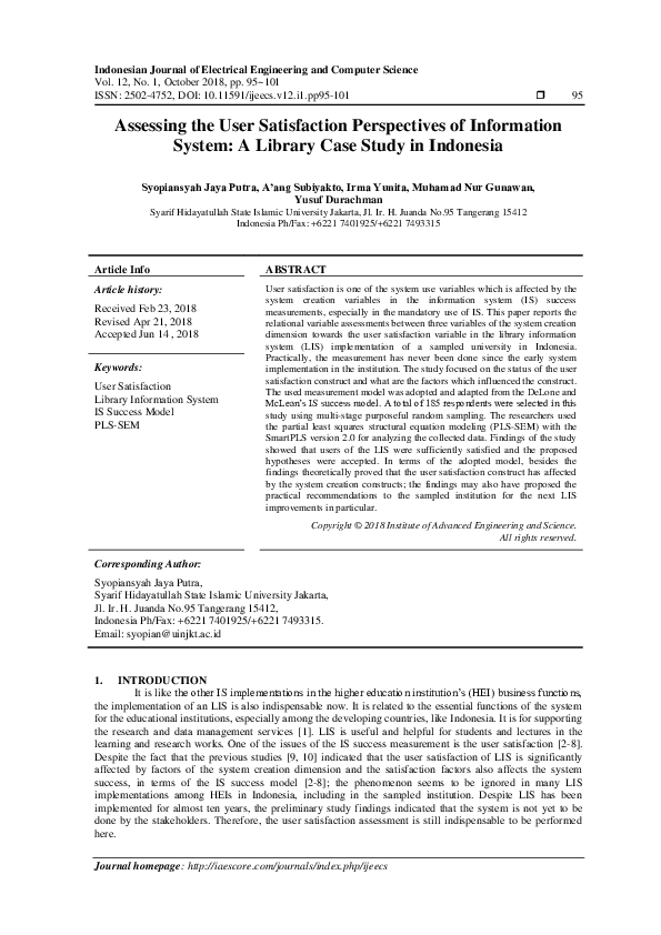 (PDF) Assessing the User Satisfaction Perspectives of Information System: A Library Case Study ...