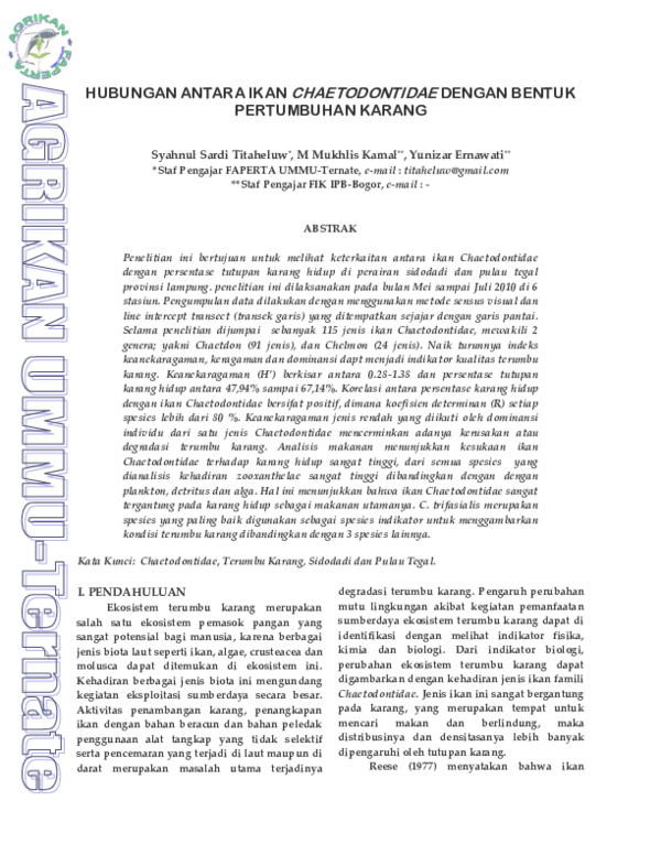 (PDF) Hubungan antara ikan Chaetodontidae dengan bentuk pertumbuhan karang