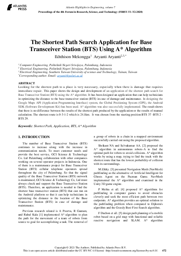 Pdf The Shortest Path Search Application For Base Transceiver Station Bts Using A Algorithm