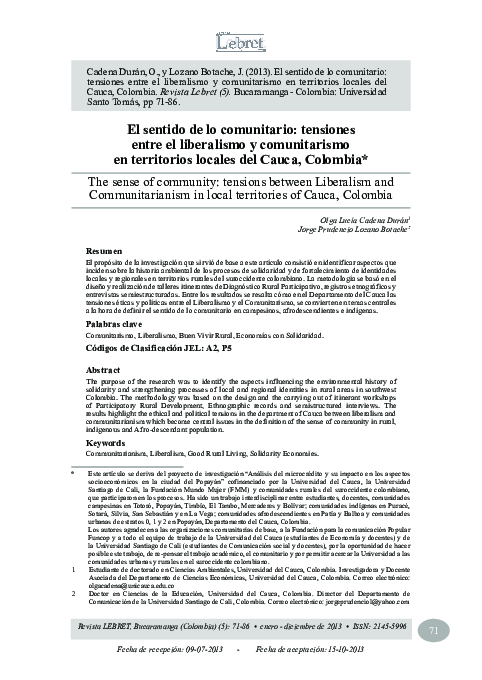 (PDF) El sentido de lo comunitario: tensiones entre el liberalismo y ...