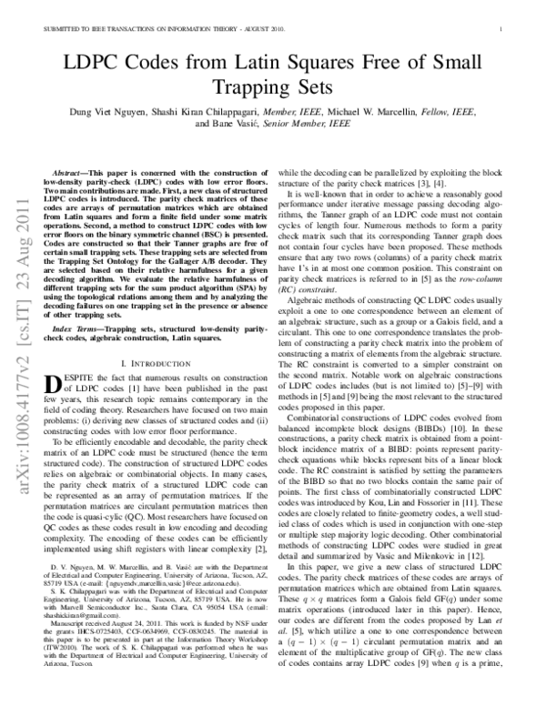 Pdf Ldpc Codes From Latin Squares Free Of Small Trapping Sets
