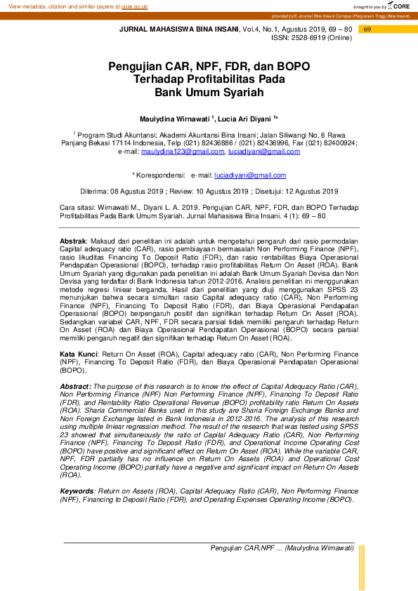 (PDF) Pengujian CAR, NPF, FDR, dan BOPO Terhadap Profitabilitas Pada Bank Umum Syariah | Lucia ...