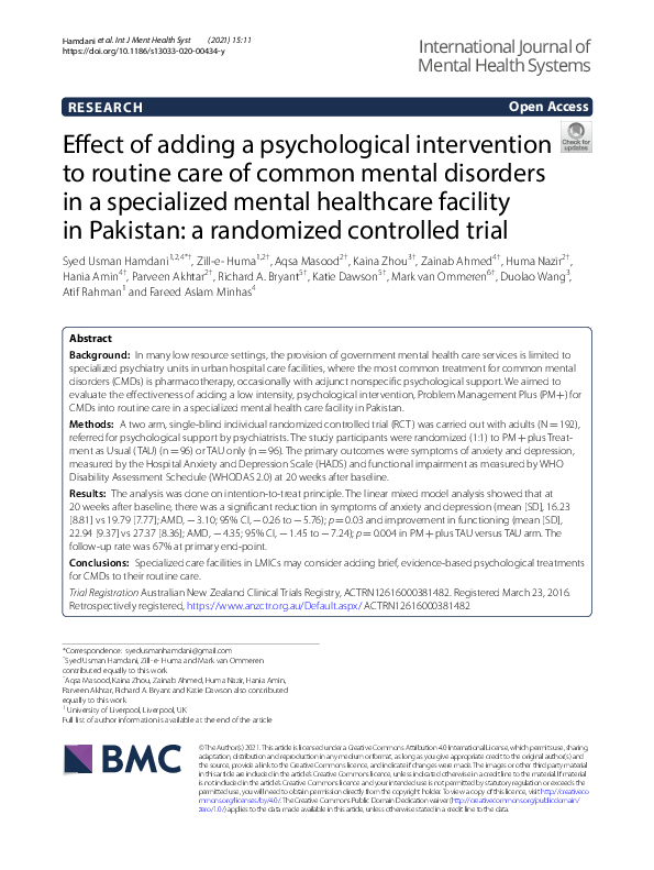 (PDF) Effect of adding a psychological intervention to routine care of ...