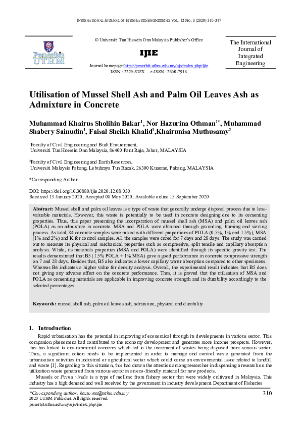 (PDF) Utilisation of Mussel Shell Ash and Palm Oil Leaves Ash as ...