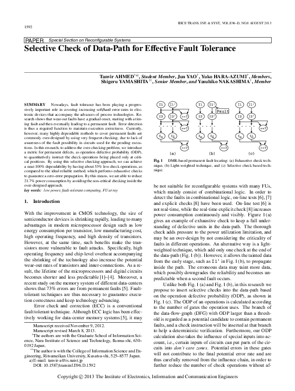 Pdf Selective Check Of Data Path For Effective Fault Tolerance