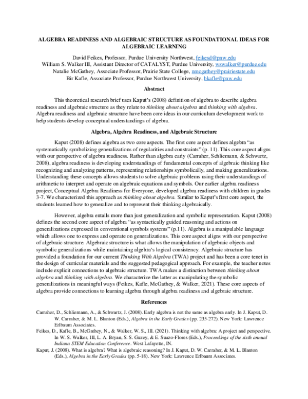 (PDF) Algebra Readiness and Algebraic Structure as Foundational Ideas for Algebraic Learning