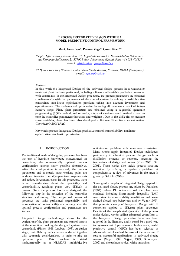 (PDF) Process Integrated Design Within a Model Predictive Control Framework