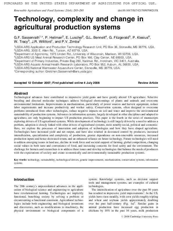 (PDF) Technology, complexity and change in agricultural production systems