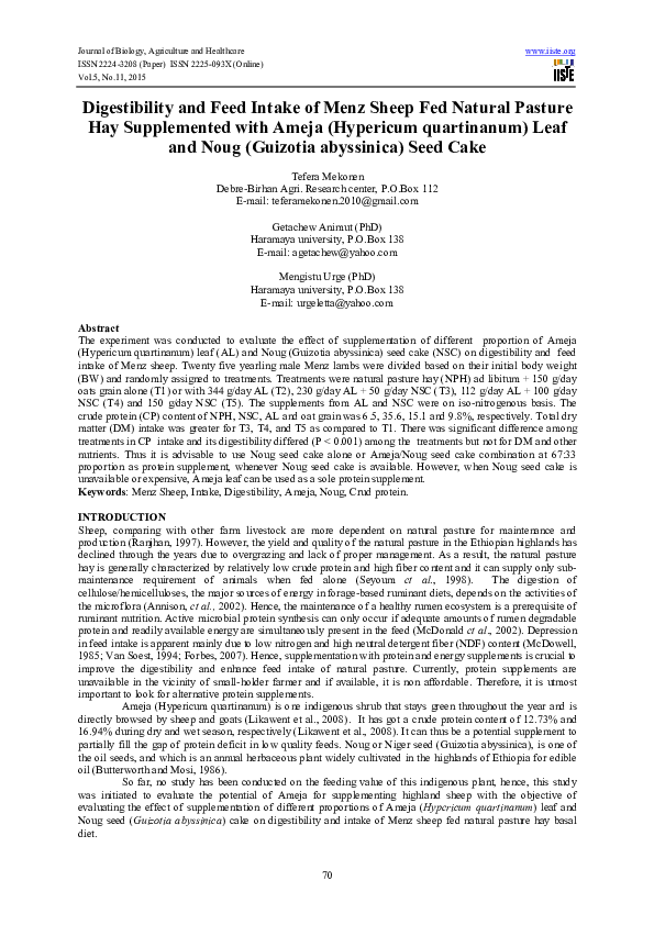 (PDF) Digestibility and Feed Intake of Menz Sheep Fed Natural Pasture ...