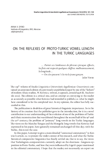 (PDF) On the Reflexes of Proto-Turkic Vowel Length in the Turkic Languages