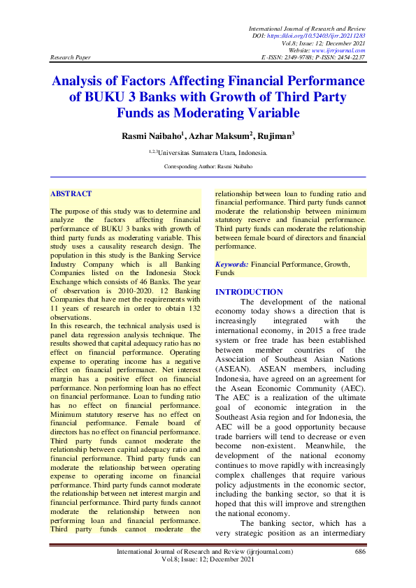 (PDF) Analysis of Factors Affecting Financial Performance of BUKU 3 Banks with Growth of Third ...