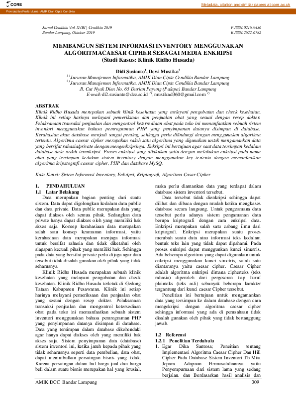 Pdf Membangun Sistem Informasi Inventory Menggunakan Algoritma Caesar Cipher Sebagai Media