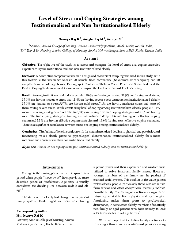 (PDF) Level of Stress and Coping Strategies among Institutionalised and Non-Institutionalised ...
