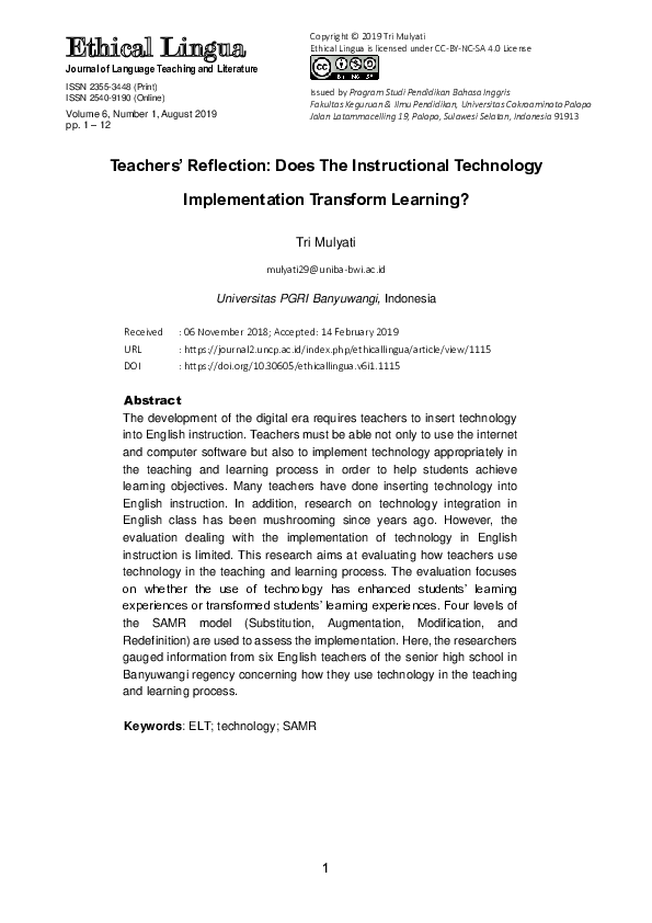 (PDF) Teachers’ Reflection: Does The Instructional Technology Implementation Transform Learning?