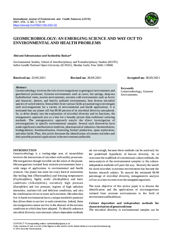 (PDF) Geomicrobiology: An Emerging Science and Way Out to Environmental