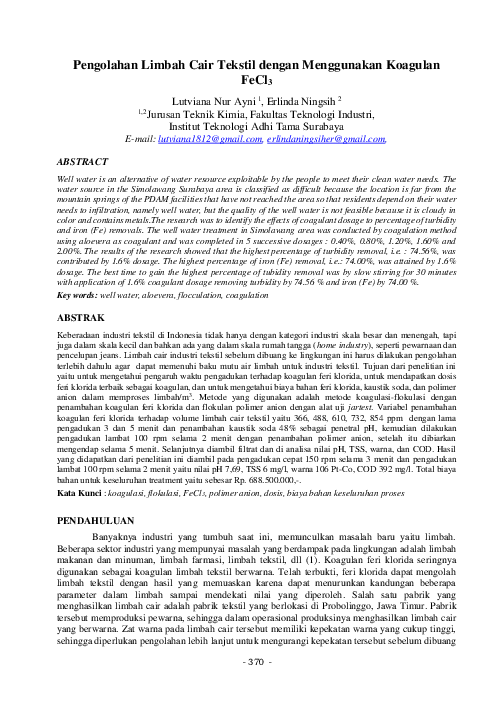 (PDF) Pengolahan Limbah Cair Tekstil dengan Menggunakan Koagulan FeCl3